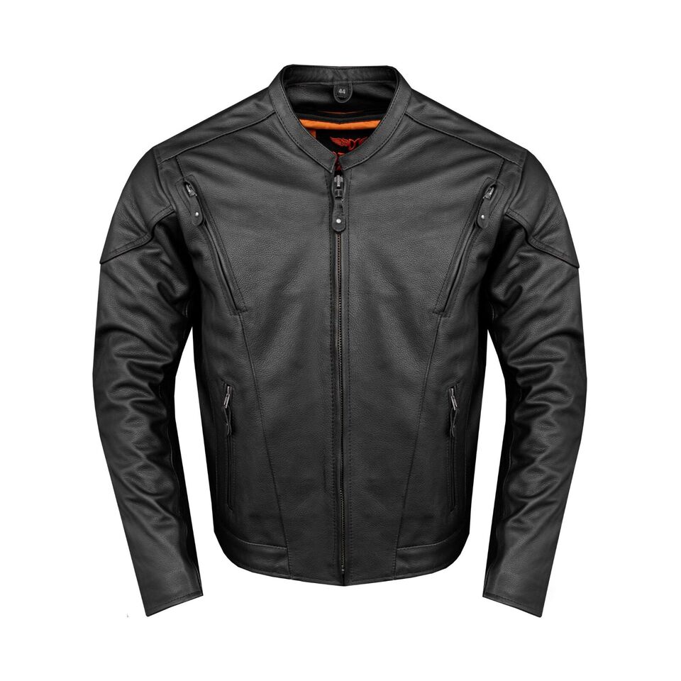 Premium Men's Motorcycle Black Cowhide Leather Biker Front Air Vents J ...